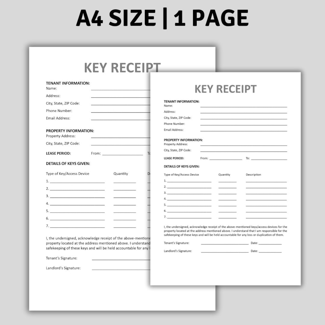 Landlord Key Receipt to Tenant Tenant Key Receipt Landlord Pack ...