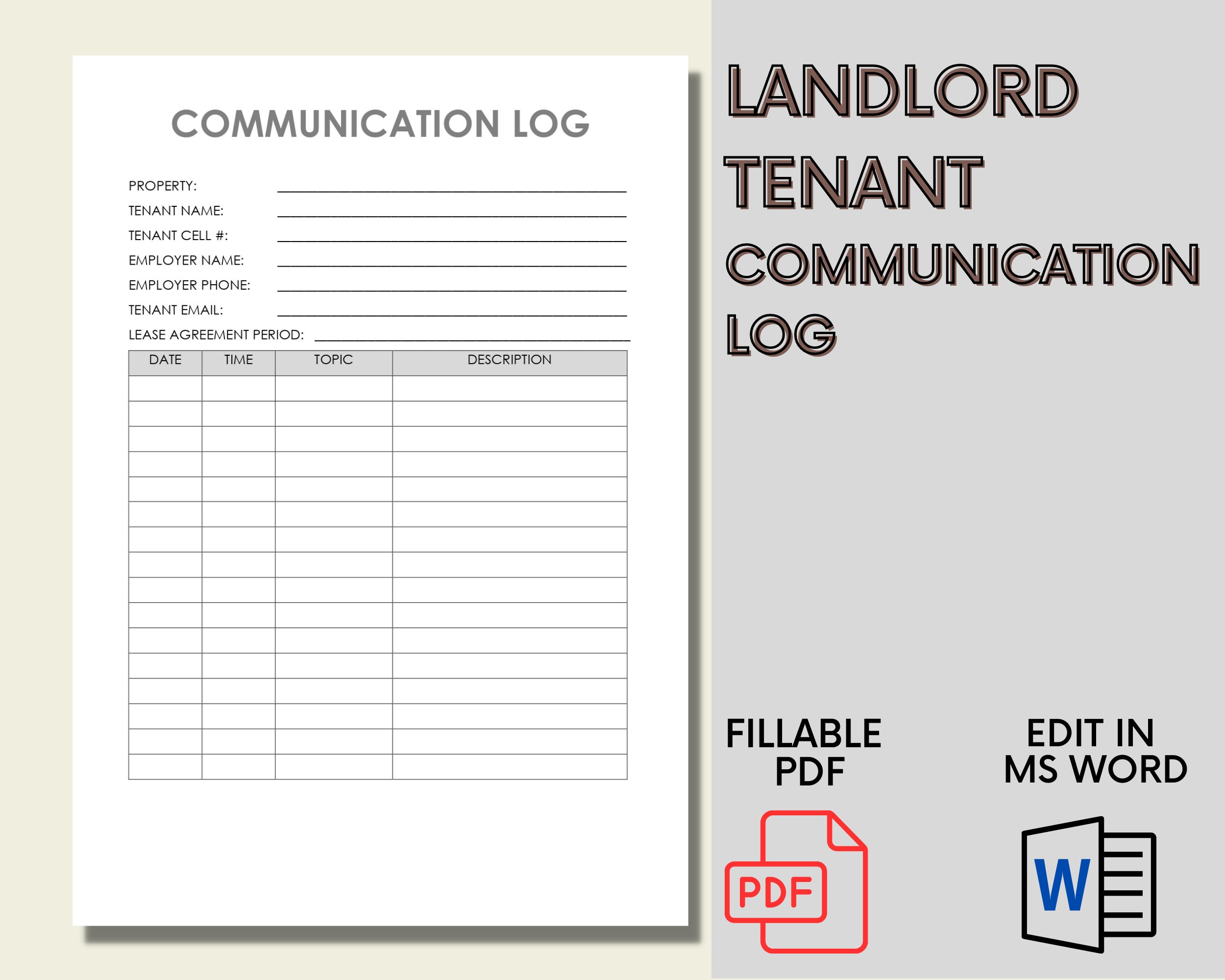 Landlord Tenant Communication Log Record of Communication Landlord Communication Property ...