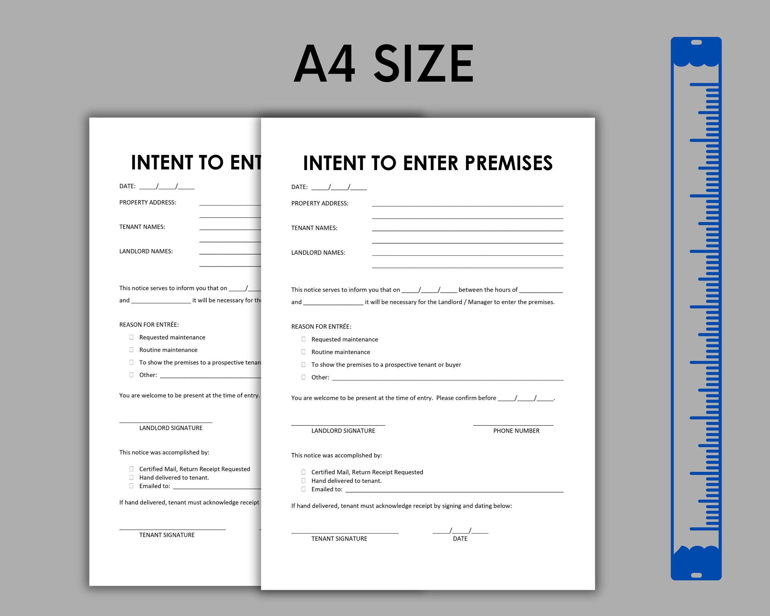 Landlord Notice to Enter Premises to Tenant Intent to Enter Notice ...