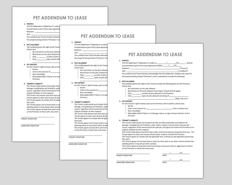 Pet Addendum to Lease Agreement | Editable, Printable MS Word Template ...