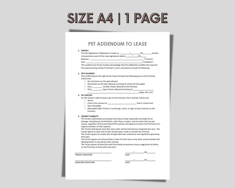 Pet Addendum to Lease Agreement | Editable, Printable MS Word Template ...