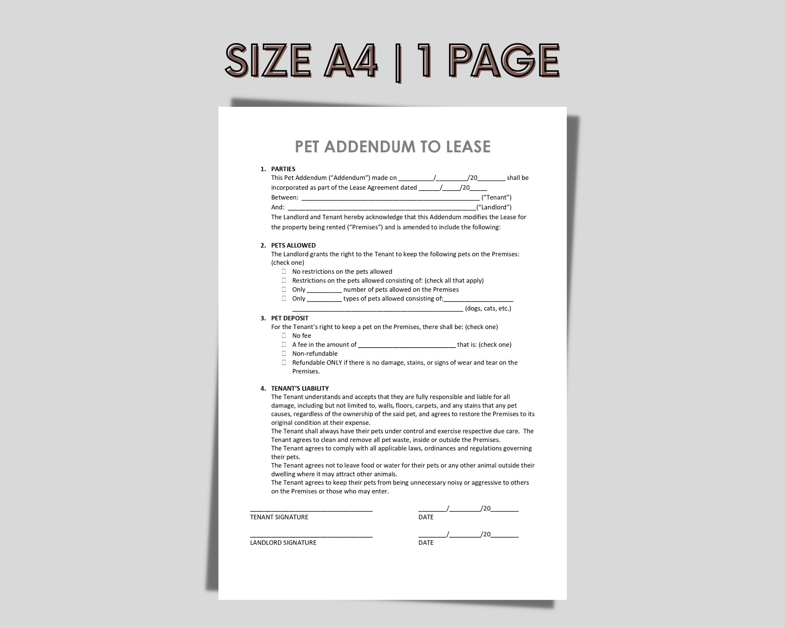 Pet Addendum to Lease Agreement | Editable, Printable MS Word Template ...
