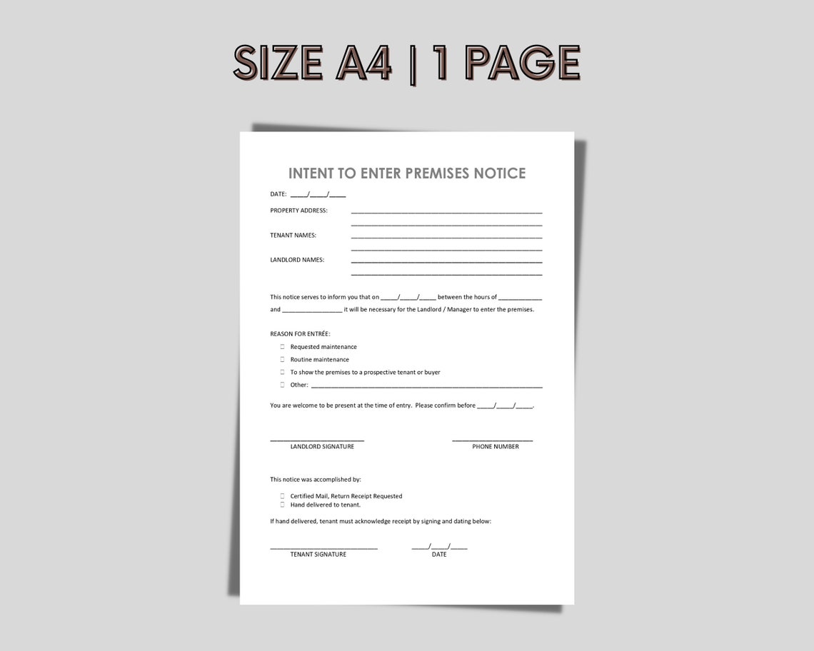 Landlord Notice to Enter Premises to Tenant - Editable MS Word Template ...