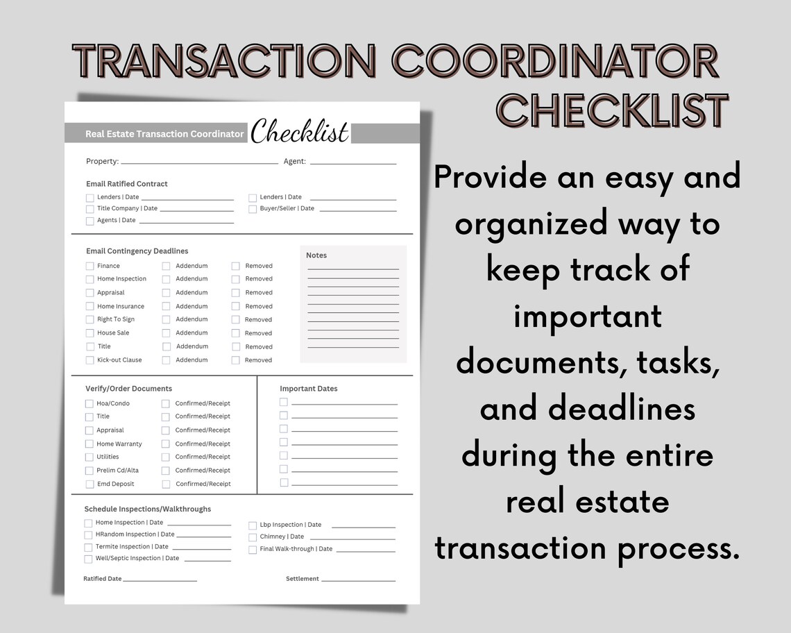 Transaction Coordinator Checklist Real Estate Realtor Checklist Home ...