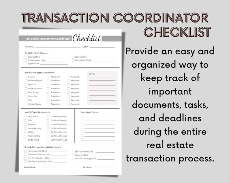 Transaction Coordinator Checklist Real Estate | Realtor Checklist ...