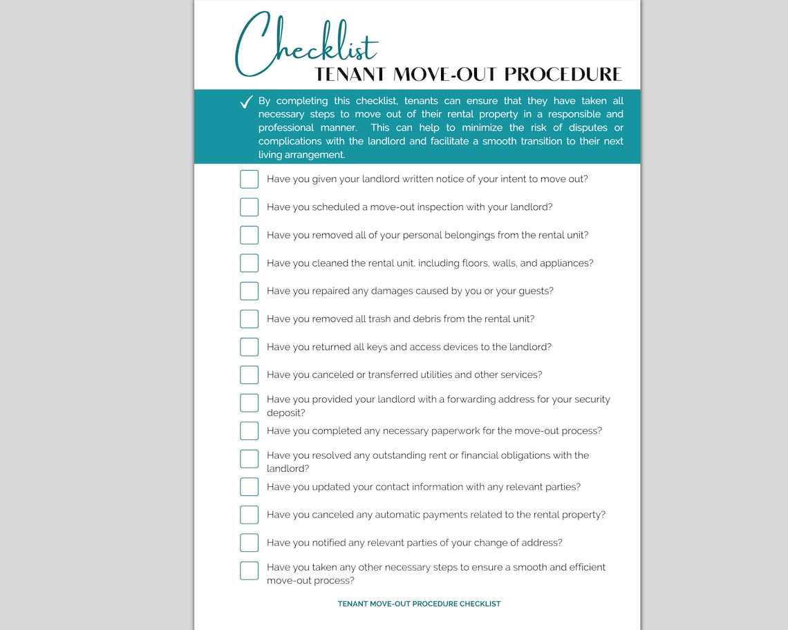 Tenant Move Out Procedure Checklist Tenant Move in Move Out Landlord ...