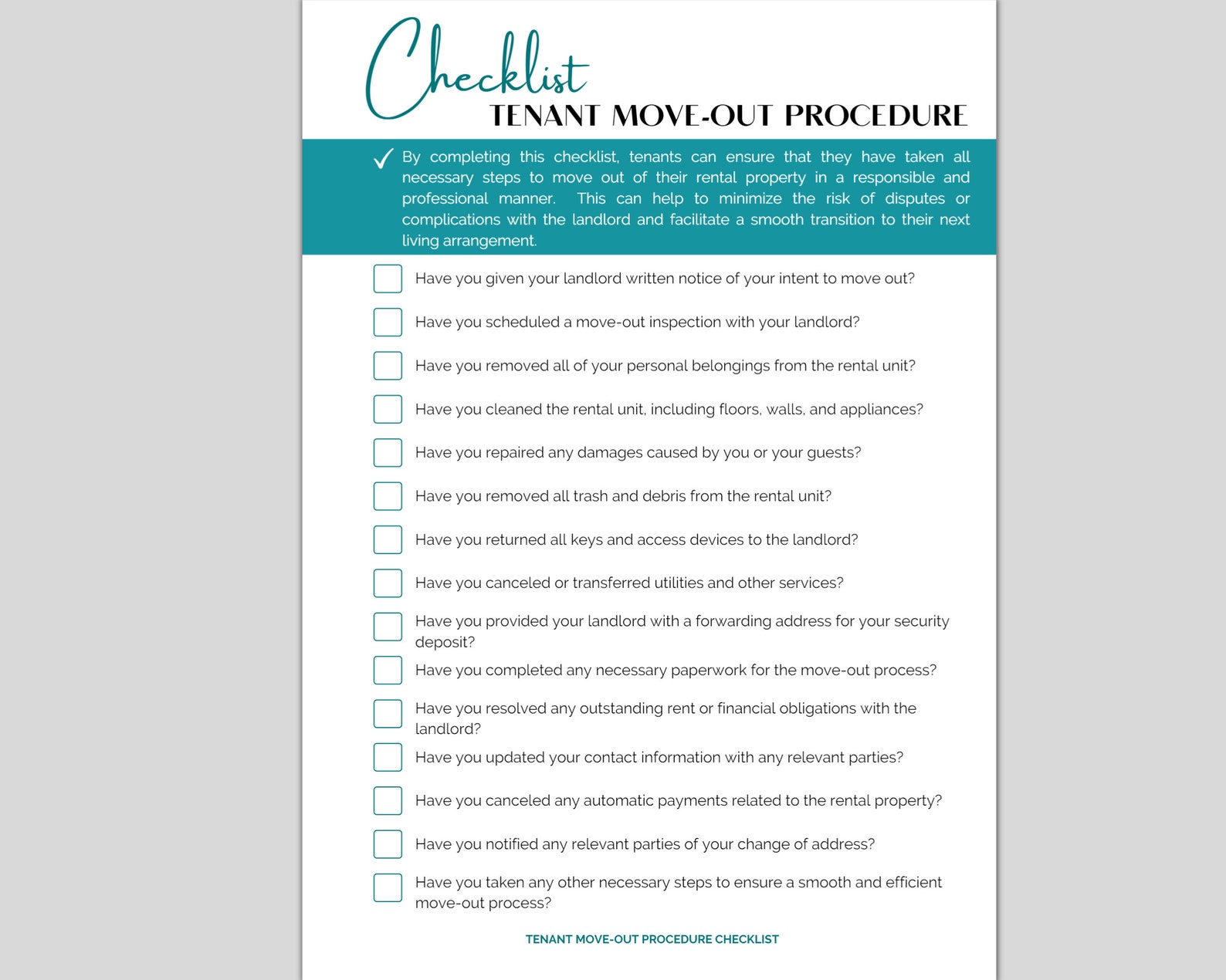 Tenant Move Out Procedure Checklist Tenant Move in Move Out Landlord ...