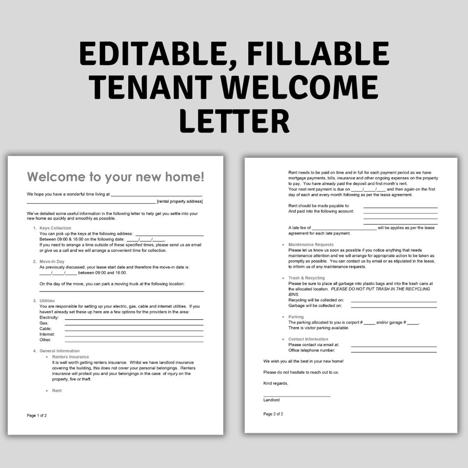 Editable Tenant Welcome Letter Template (MS Word & PDF) - Etsy