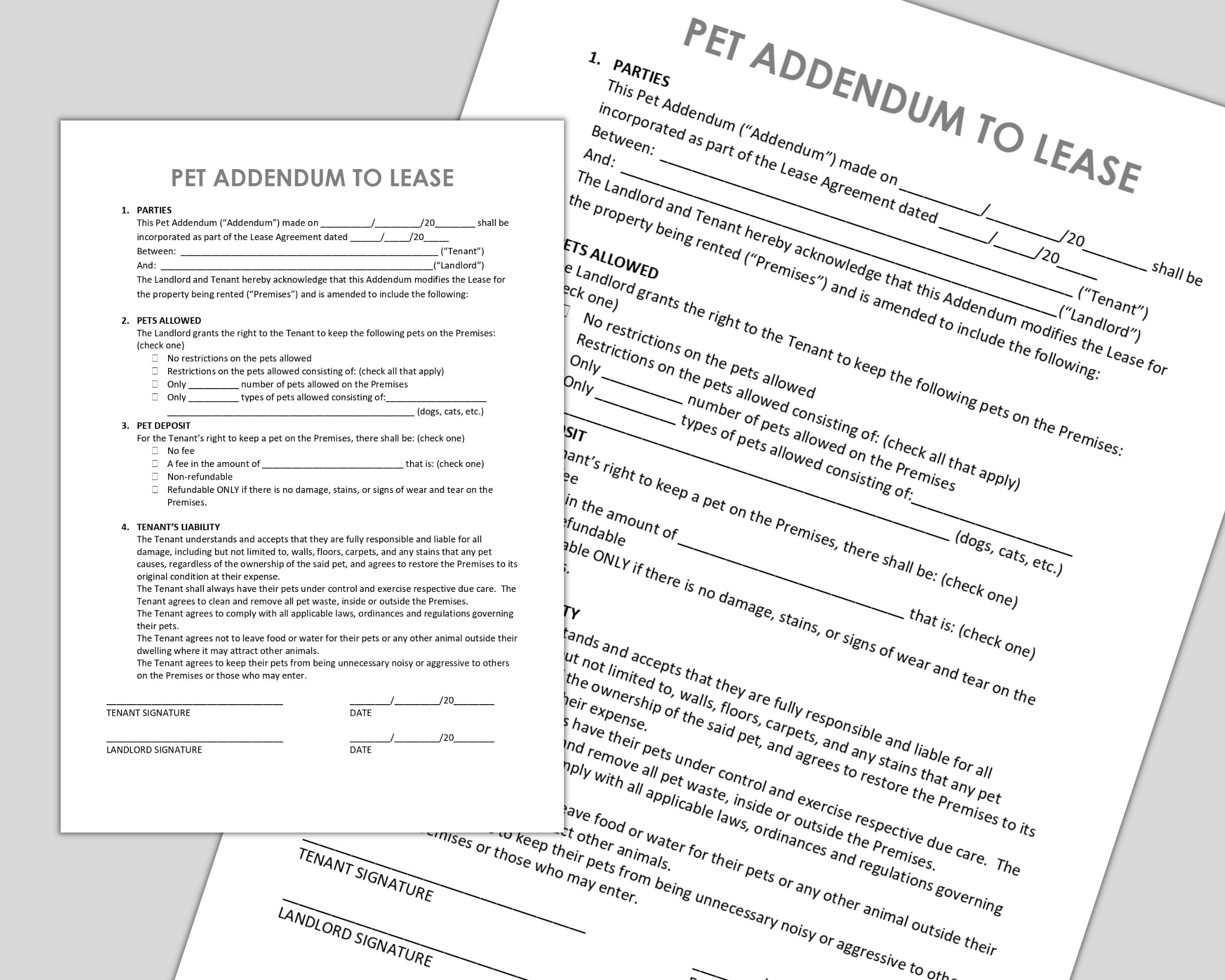 Pet Addendum to Lease Agreement | Editable, Printable MS Word Template ...