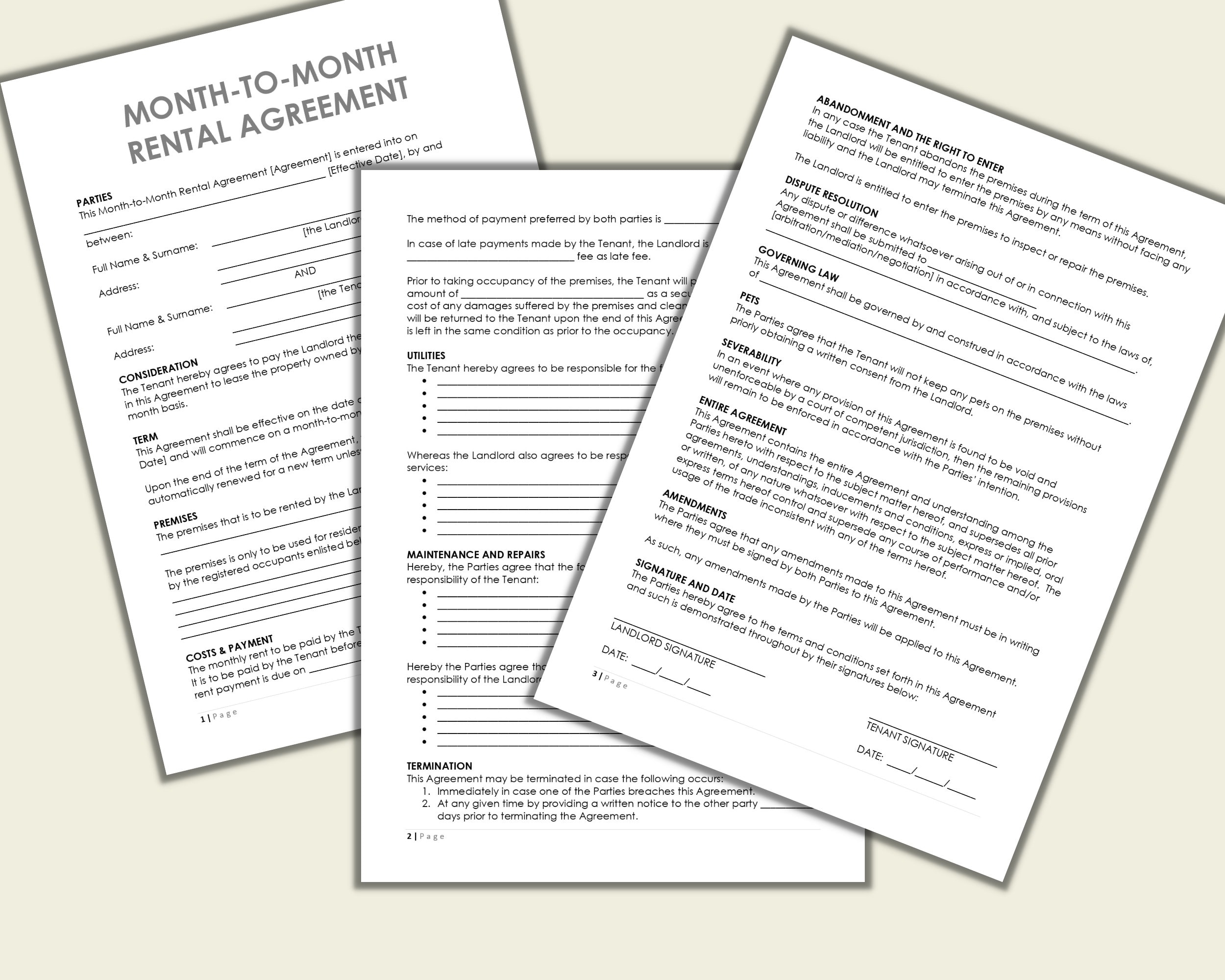 Month-to-month Rental Agreement Monthly Lease Agreement Rent Room ...