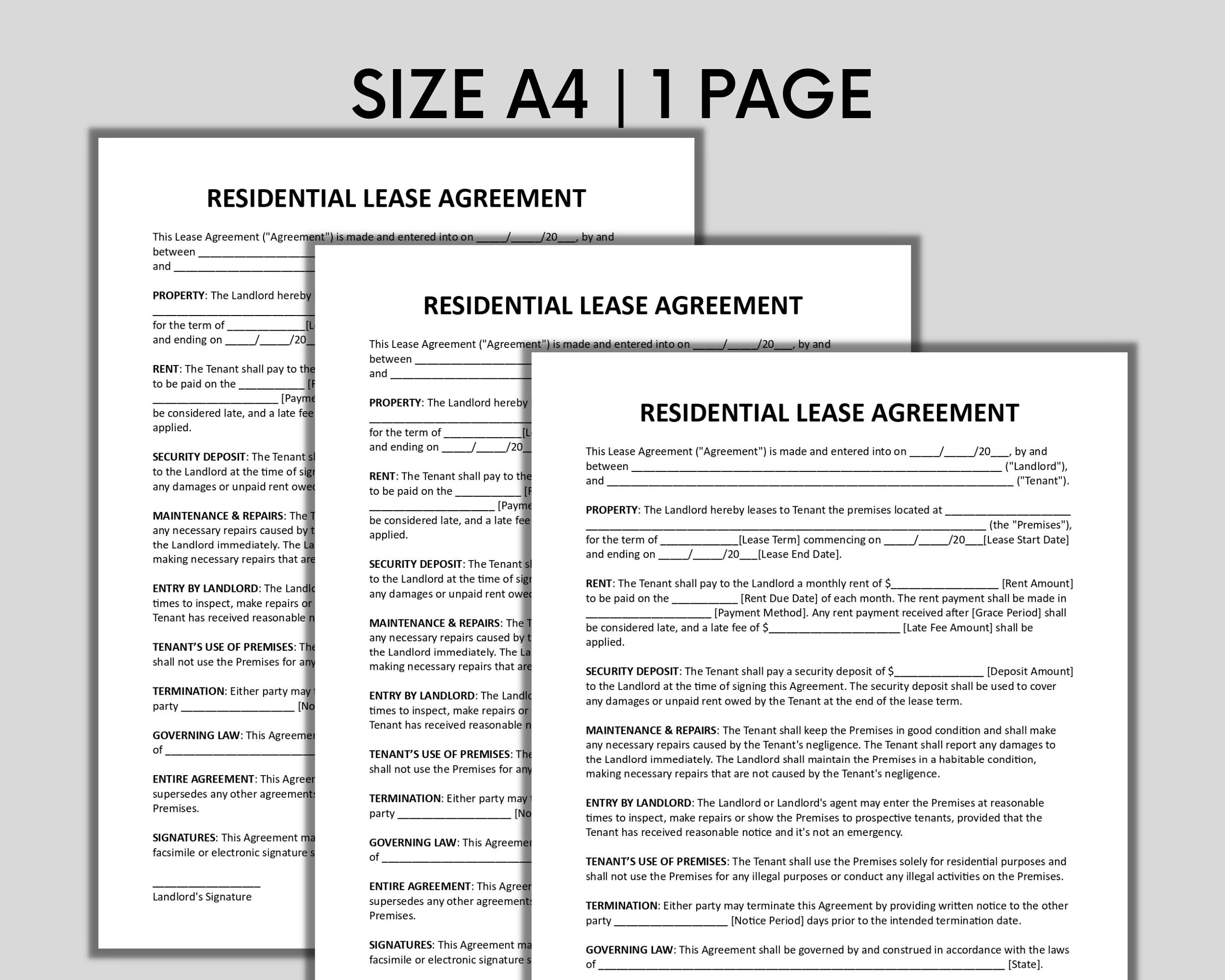 Standard Landlord Tenant Lease Agreement Residential Rental Agreement ...