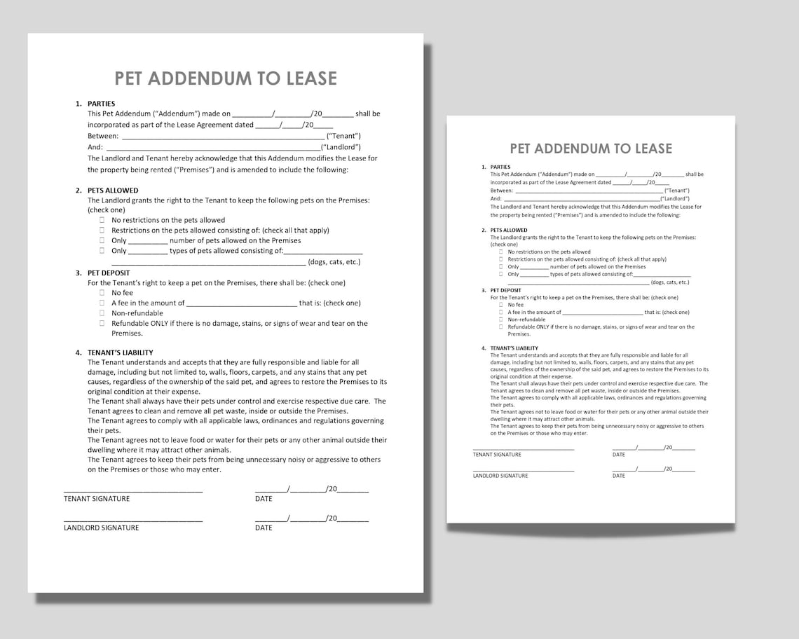 Pet Addendum to Lease Agreement | Tenant Pet Restriction | Editable MS ...