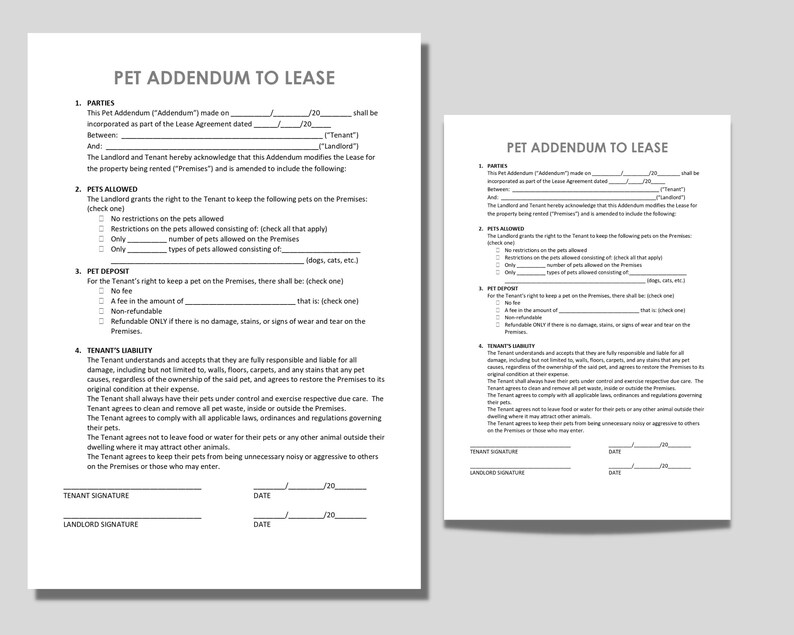 Pet Addendum to Lease Agreement | Editable, Printable MS Word Template ...