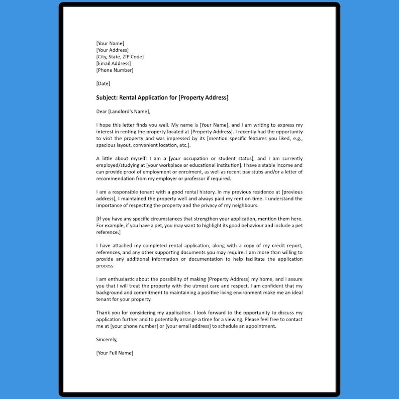 Rental Application Cover Letter | Editable MS Word Template - Etsy