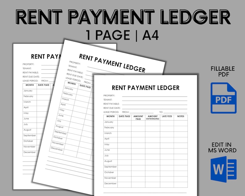 Rental Payment Ledger - Editable MS Word - Fillable PDF - Etsy