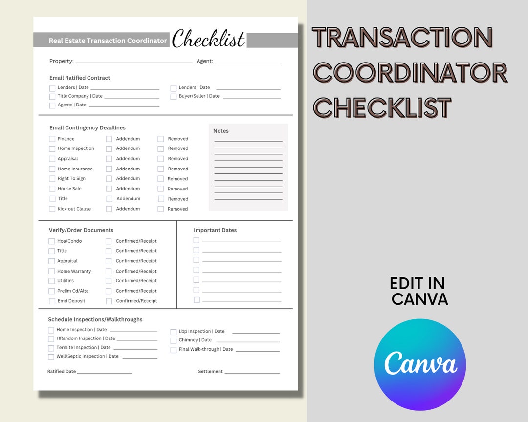 Transaction Coordinator Checklist Real Estate | Realtor Checklist ...