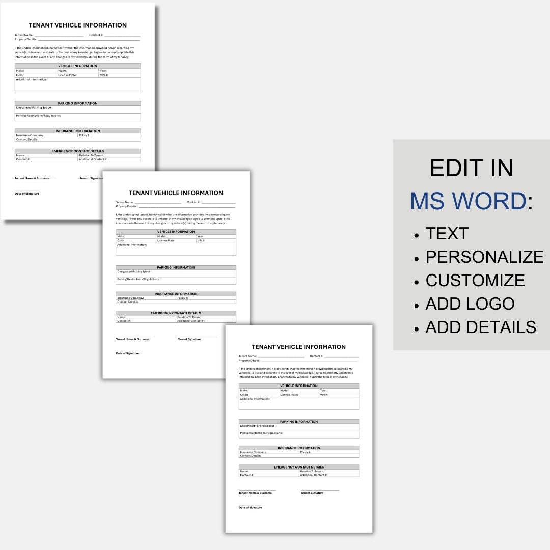 Tenant Vehicle Parking Information Template - Printable and Editable MS ...