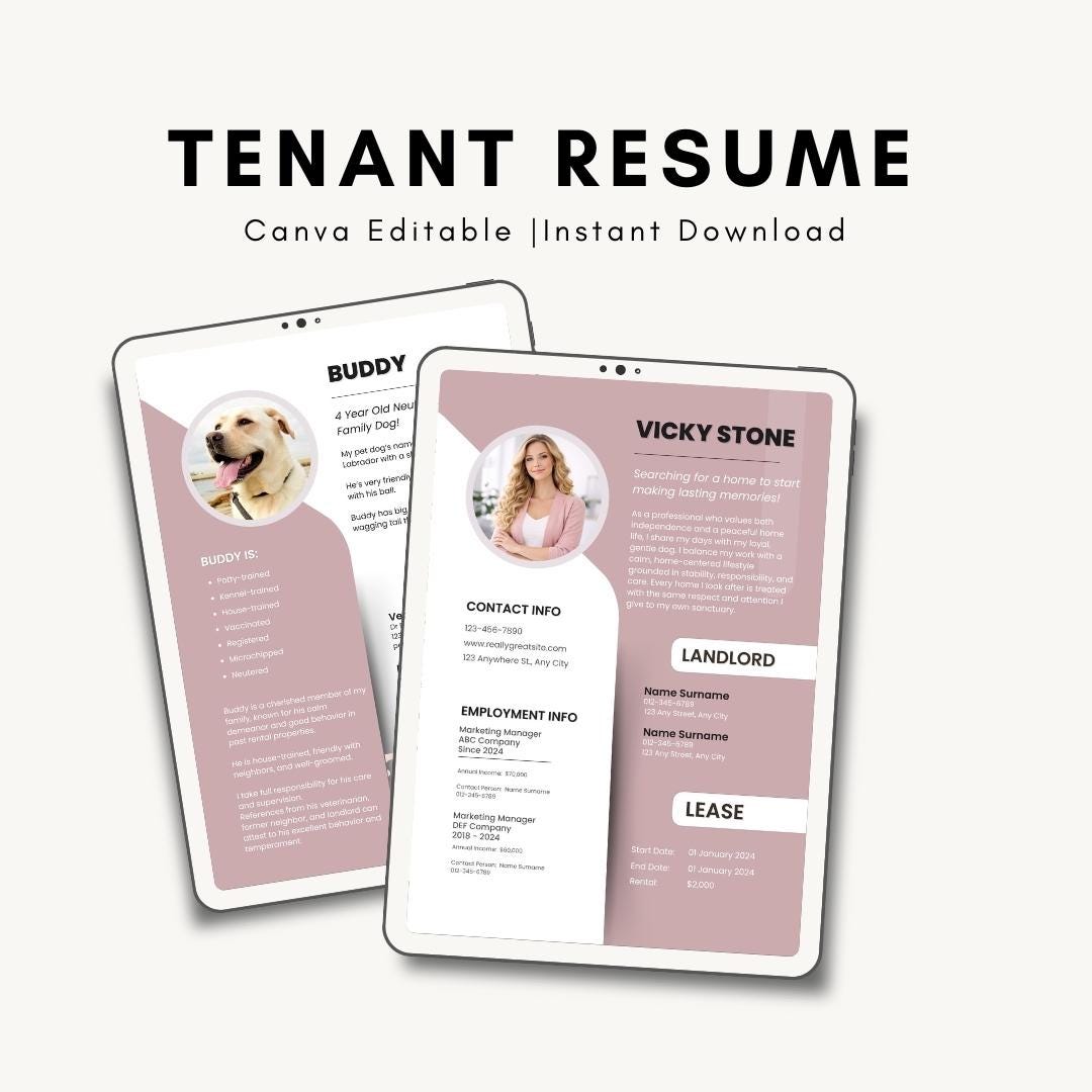 Tenant Resume for Family and Pet, 2 Page Canva Editable Template, Free ...