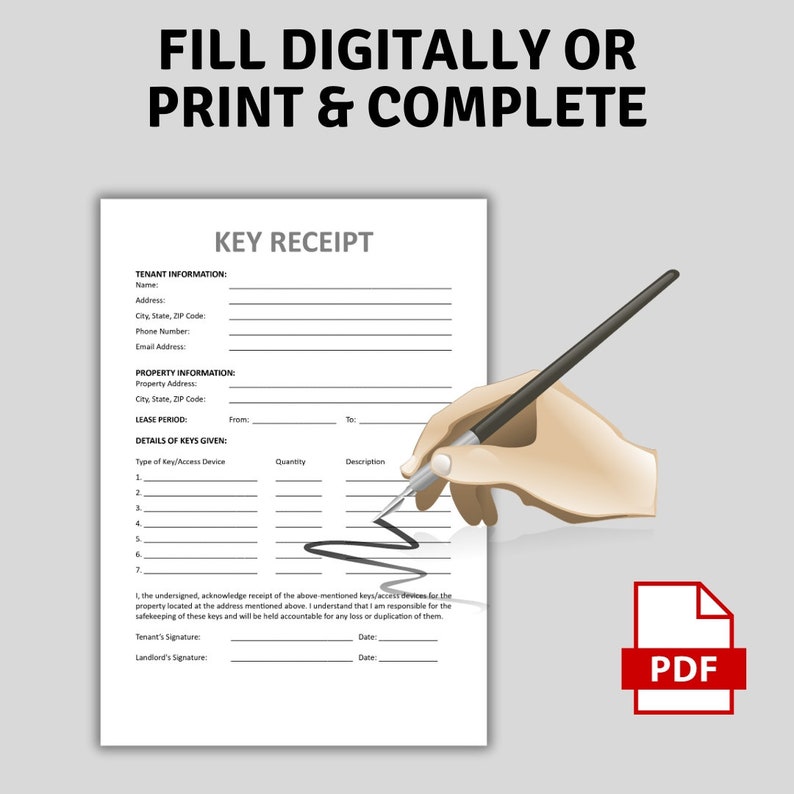 Editable Key Receipt Template – Landlord to Tenant Form - Etsy