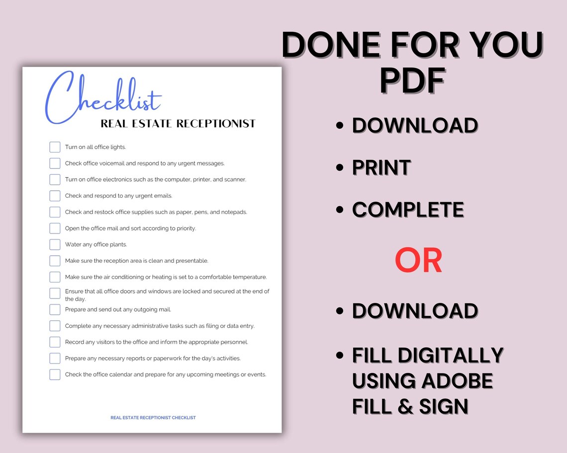 Receptionist Daily Task Checklist - Real Estate Admin Editable Canva ...