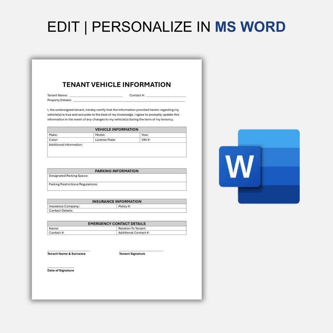 Tenant Vehicle Parking Information Template - Printable and Editable MS ...