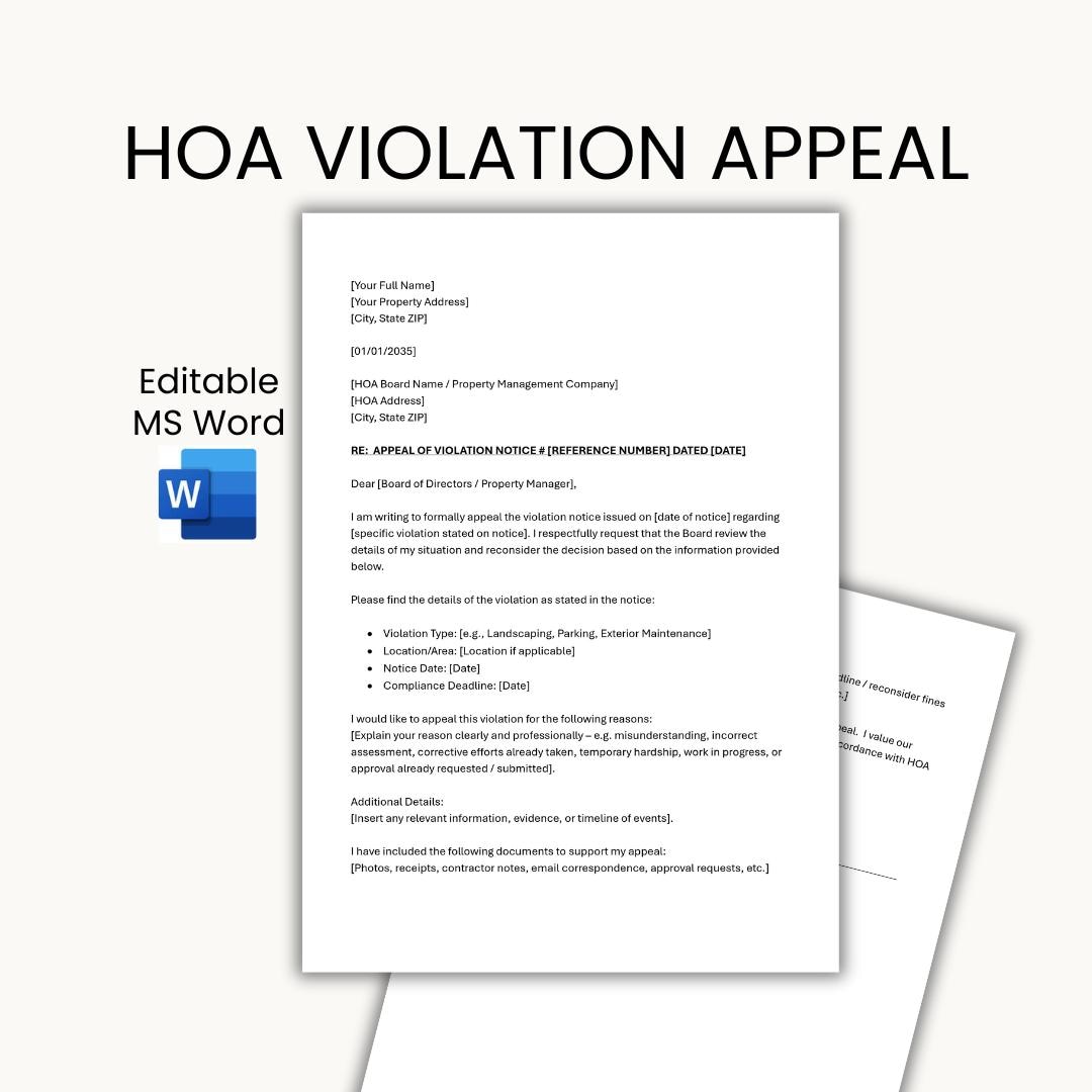 HOA Violation Notice Appeal Letter, MS Word Editable Dispute HOA ...