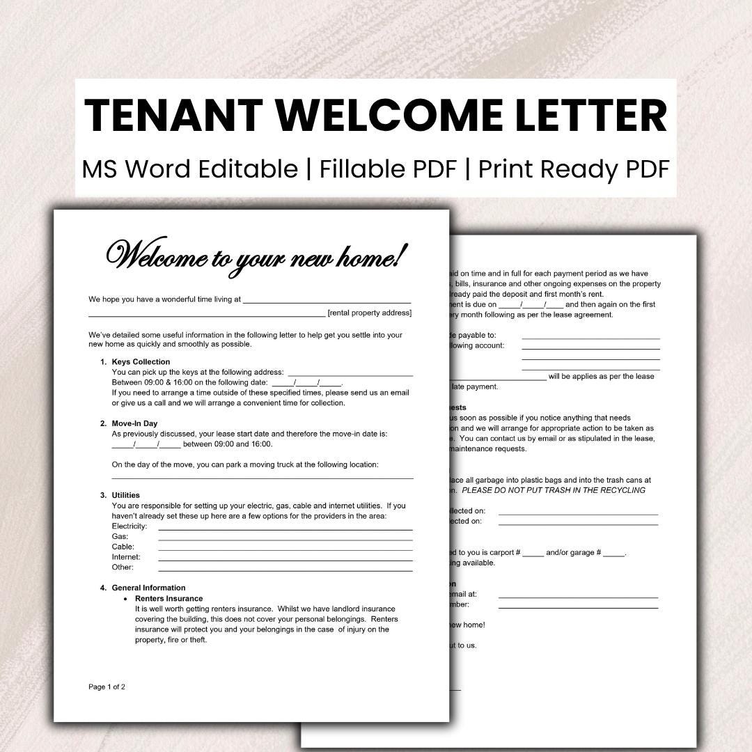 New Tenant Welcome Letter - Editable MS Word Template - Etsy