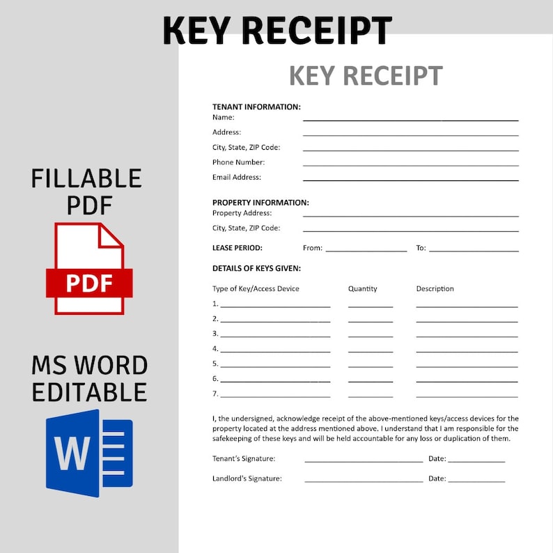 Editable Key Receipt Template – Landlord to Tenant Form - Etsy