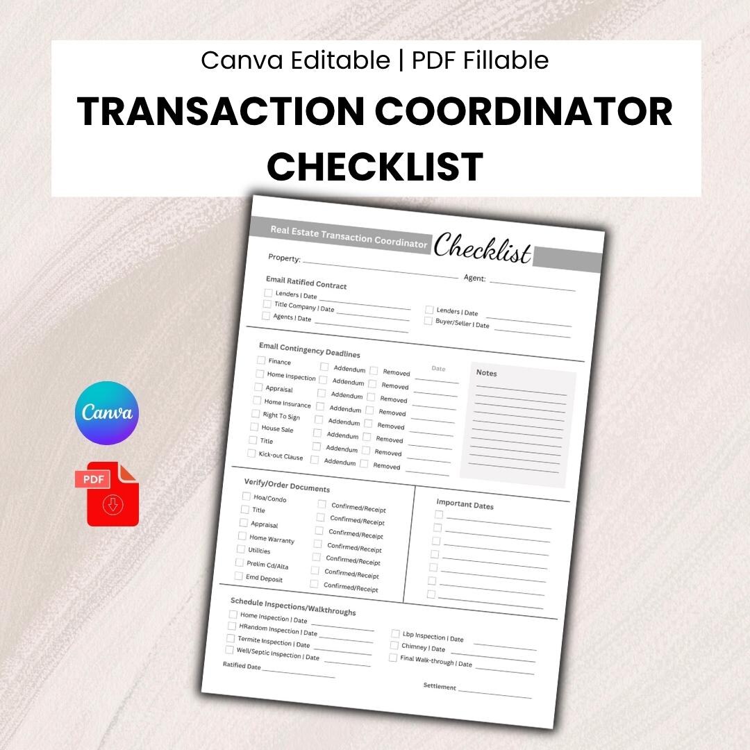 Transaction Coordinator Checklist Template | Editable, Printable ...