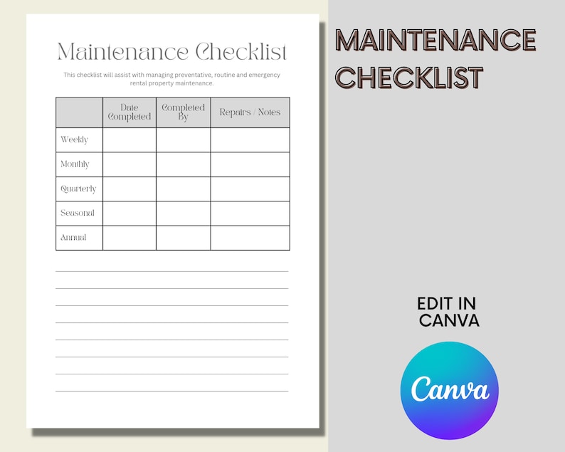 Editable Printable Rental Property Maintenance & Repair Checklist ...