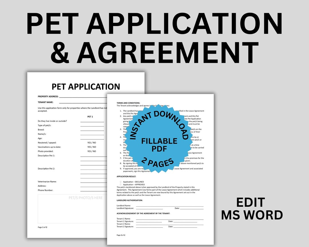 Pet Rental Application & Agreement: Fillable PDF, Editable MS Word - Etsy