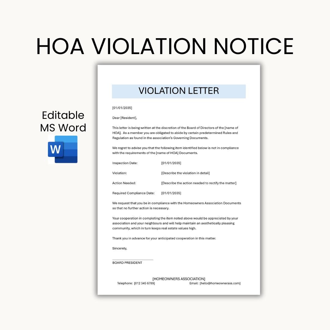 HOA Violation Notice Letter Template, MS Word Editable Homeowners ...