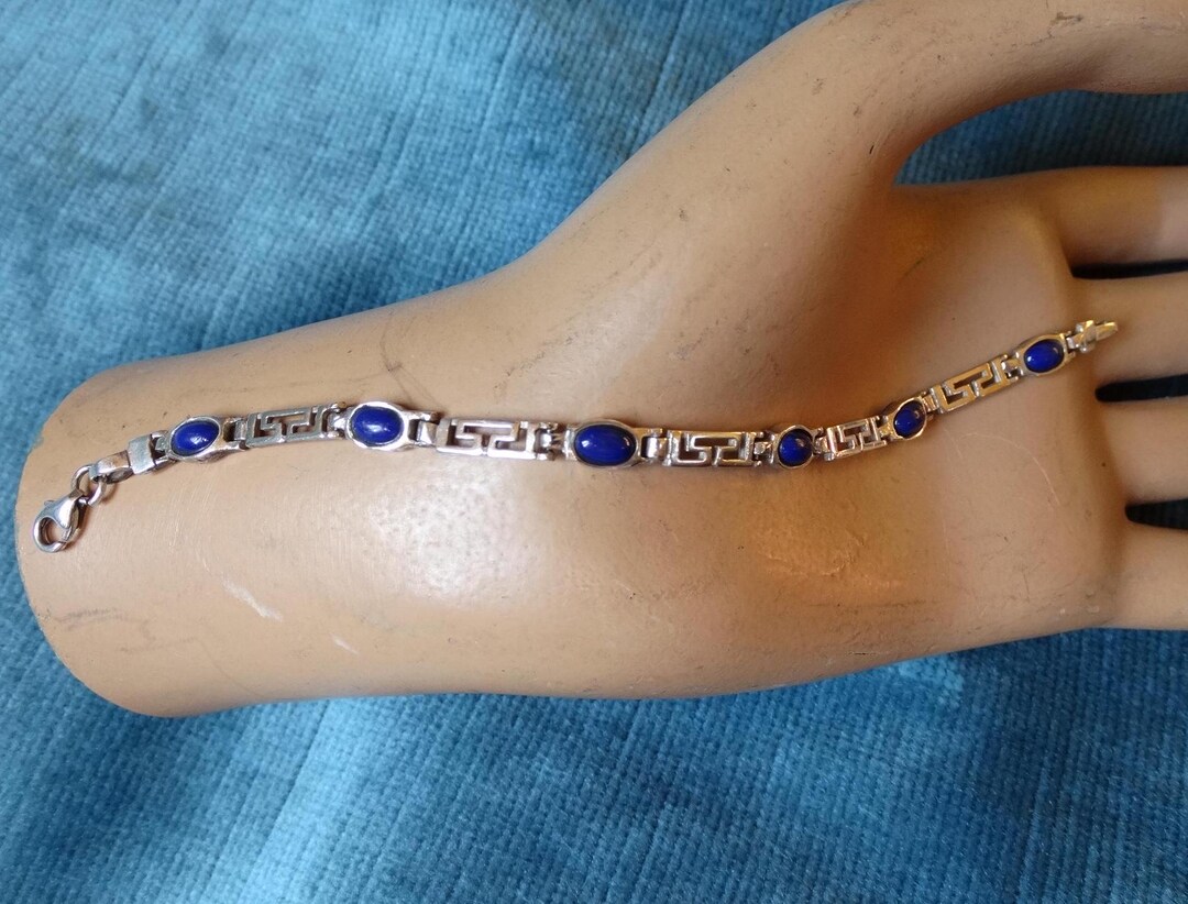 Lapis Lazuli & Silver Bracelet/small Wrist 15.5cms-6ins/greek Key ...