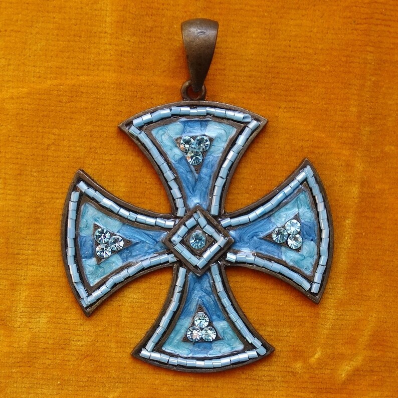 Blue Enamel Cross Pendant/large Cross/decorated Blue Enamel Cross Patty ...