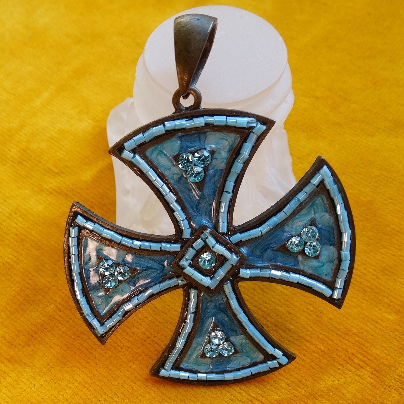 Blue Enamel Cross Pendant/large Cross/decorated Blue Enamel Cross Patty ...