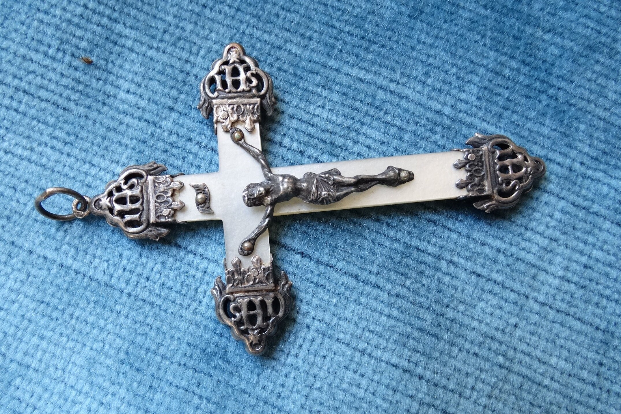 Antique Shell & Silver Crucifix/mop IHS Cross/jhs Silver Filigree Cross ...