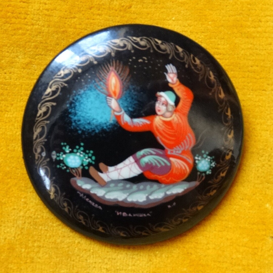 Vintage Hand-painted Lacquer Brooch: Ivan and the Firebird, Russian ...