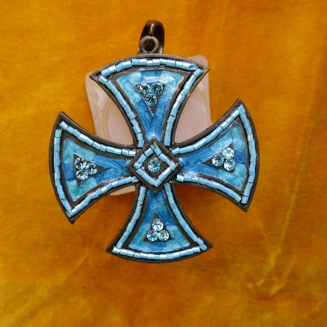 Blue Enamel Cross Pendant/large Cross/decorated Blue Enamel Cross Patty ...