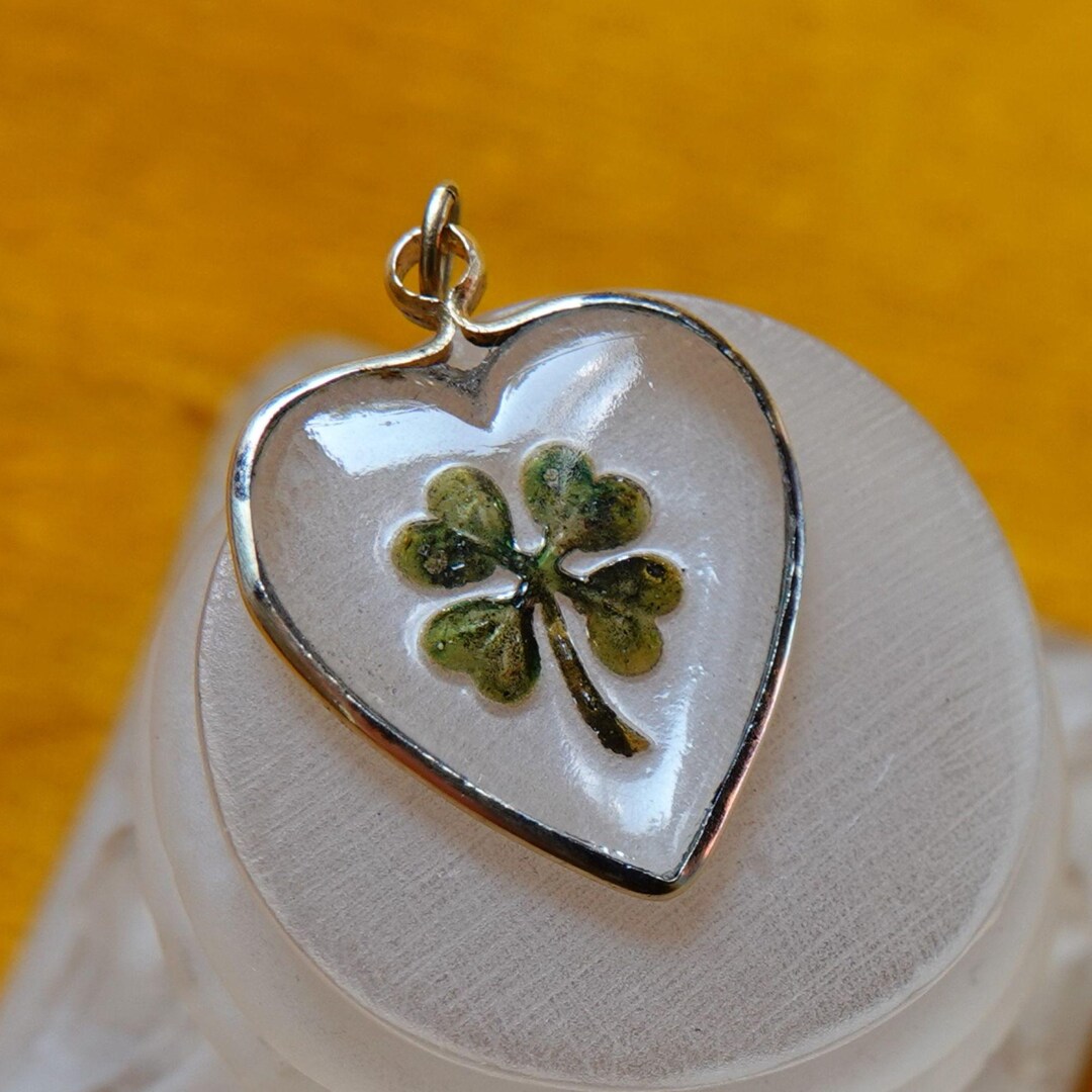 Heart & Clover Leaf Glass Pendant/antique Reverse Carved Four Leafed ...