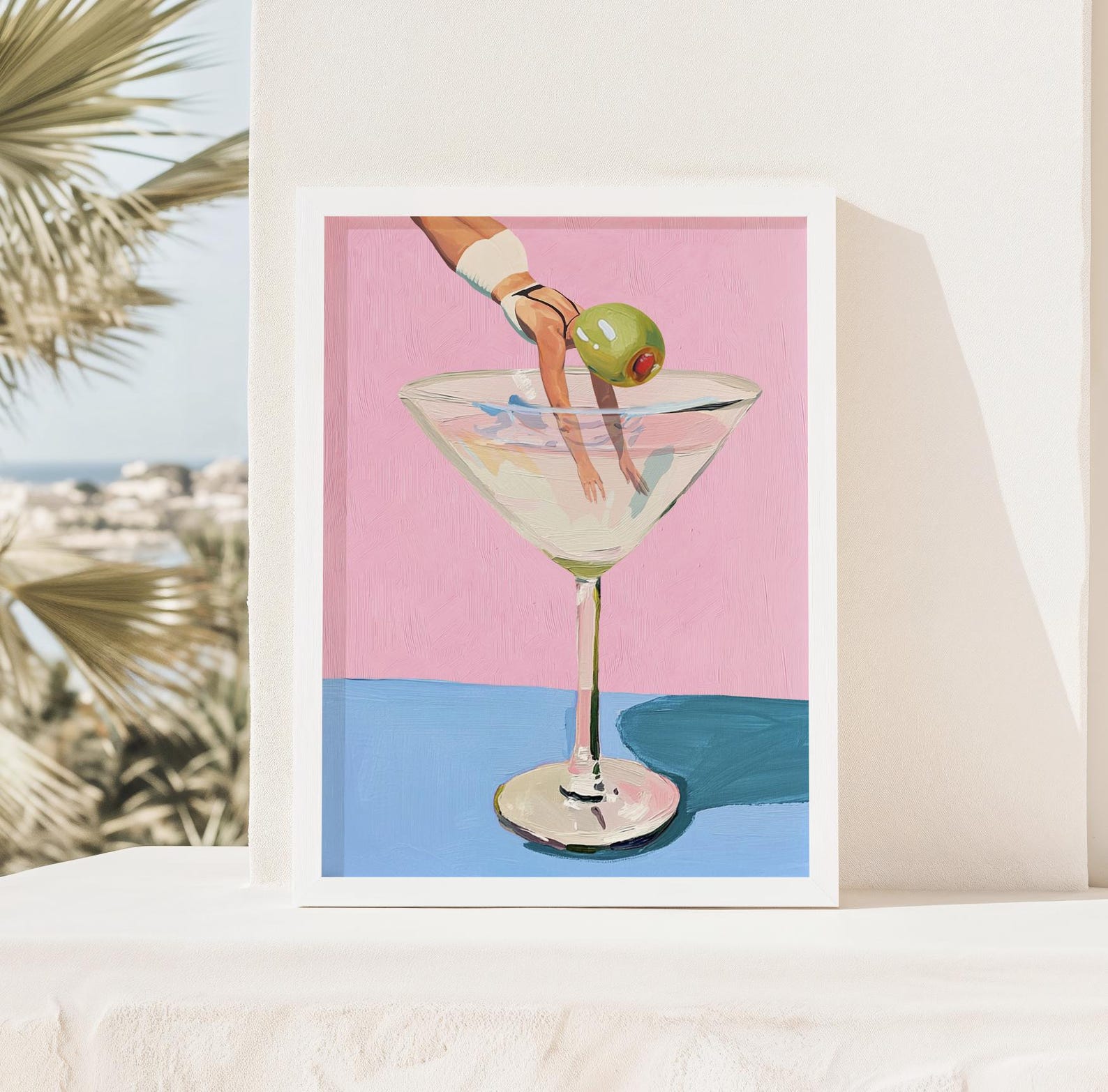 Playful Martini Olive Girl Diving Into Cocktail Glass Bar Art Print ...