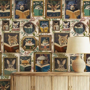 Woodland Animals Reading Wallpaper in Ivory - Peel and Stick or ...