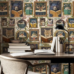 Woodland Animals Reading Wallpaper in Ivory - Peel and Stick or ...