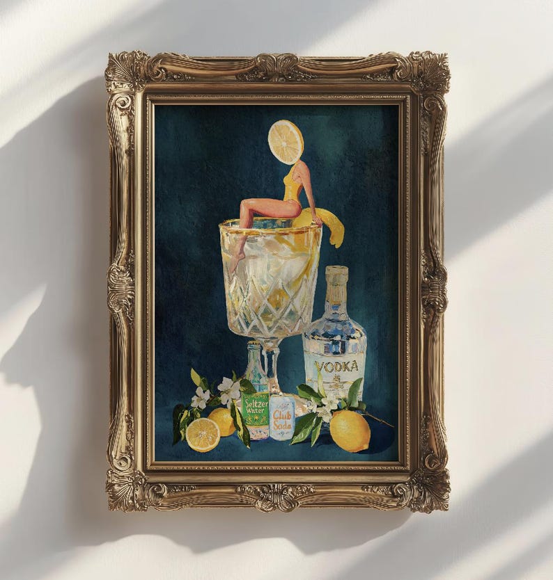 Lemon Vodka Seltzer Art Print: Refreshing Cocktail Wall Poster for Bar ...