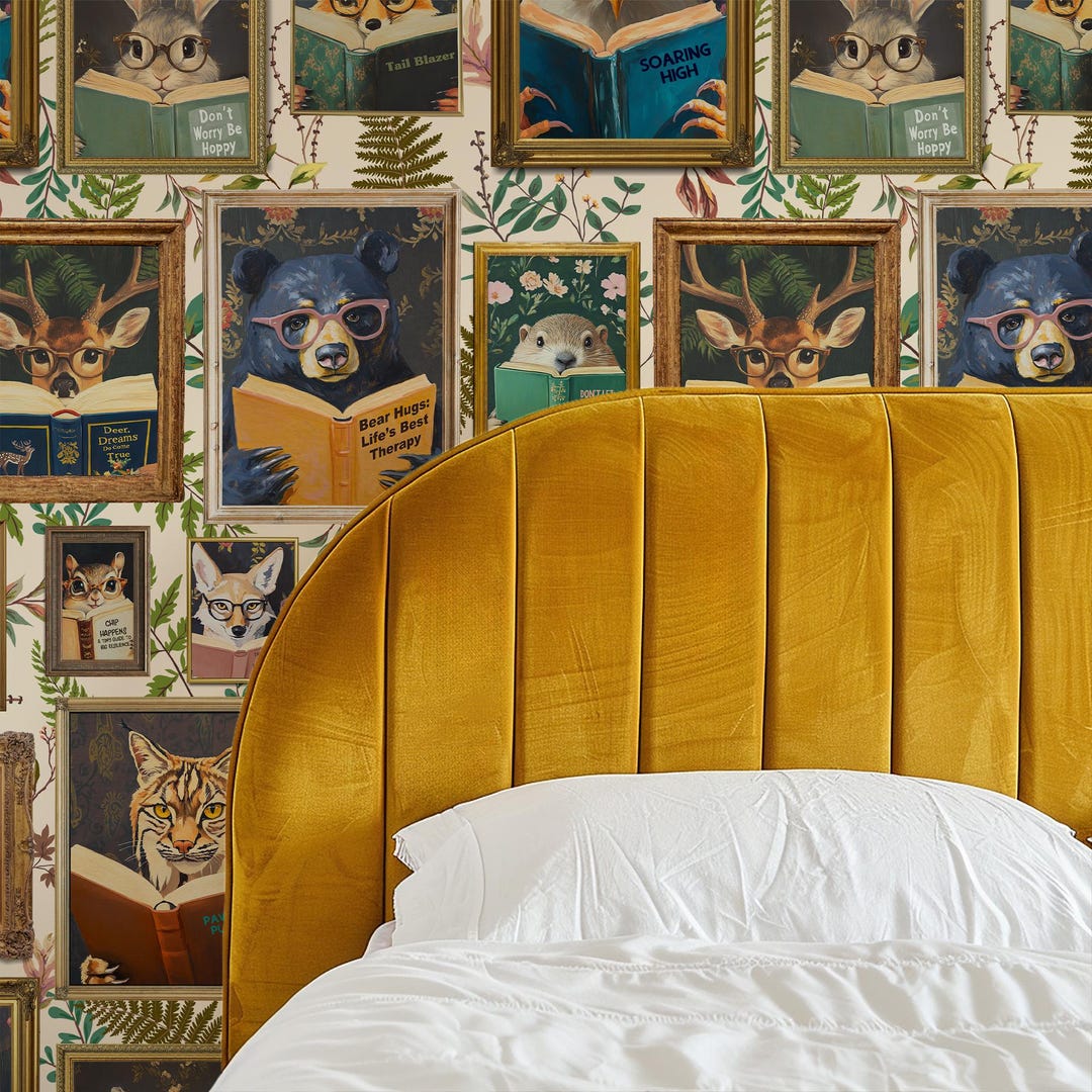 Woodland Animals Reading Wallpaper in Ivory - Peel and Stick or ...