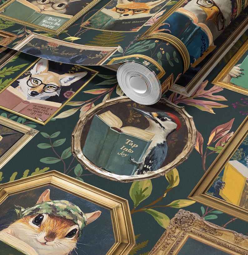 Woodland Animals Reading Wallpaper in Blueish Green - Peel and Stick or ...
