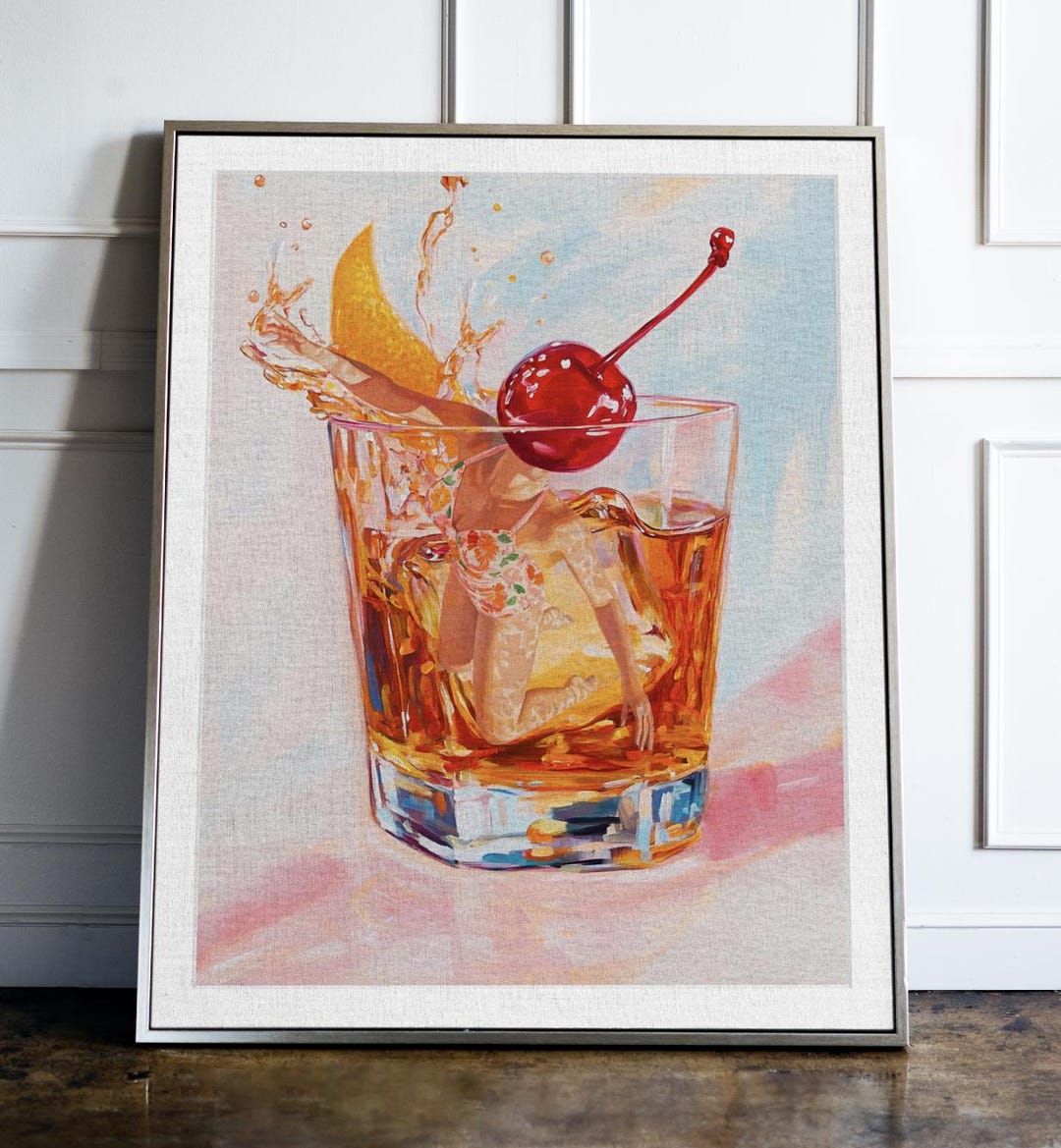 Retro Bar Scene Poster: Old Fashioned Cocktail Art Print for Home ...