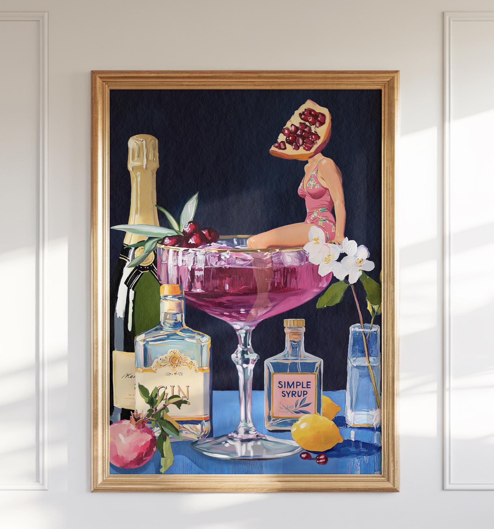 Pomegranate Cocktail Retro Bar Poster - Vintage French 75 Martini Wall ...