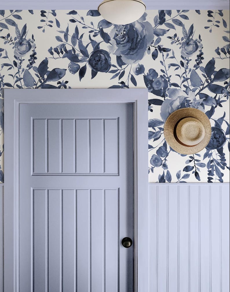 Indigo Blue Watercolor Floral Wallpaper - Peel and Stick or Traditional ...