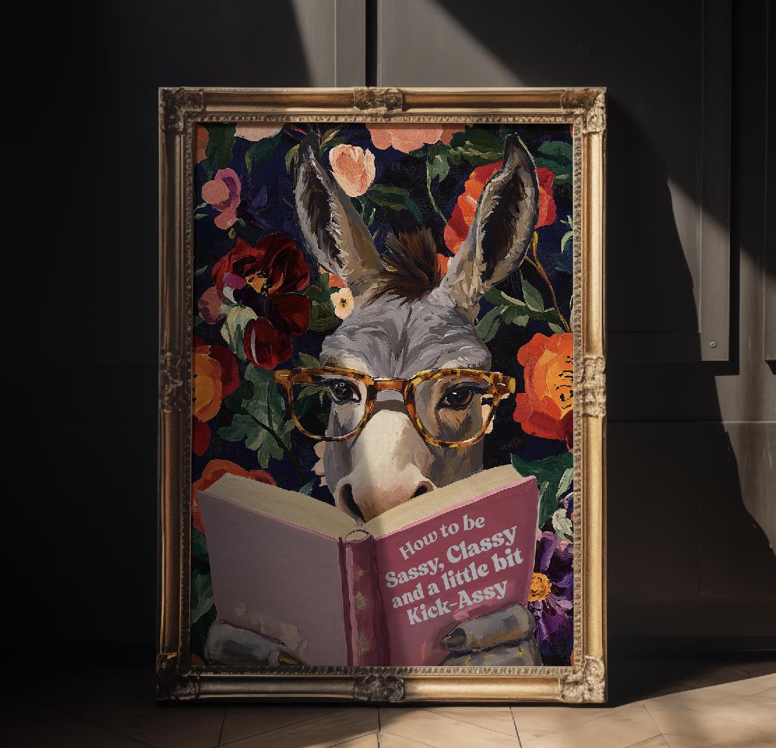 Whimsical Donkey Reading Book Art Print - Funny Farm Animal ...