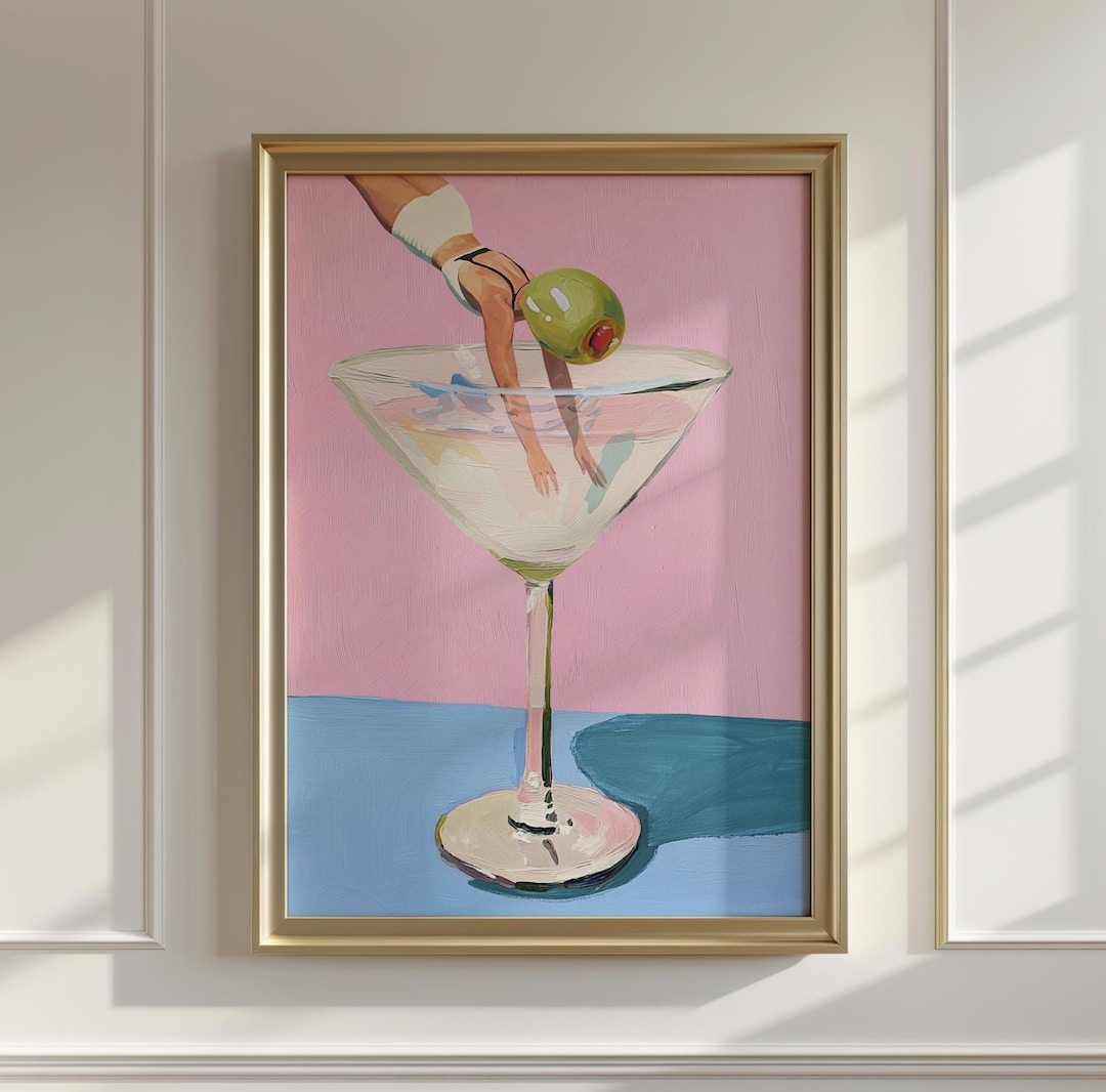 Playful Martini Olive Girl Diving Into Cocktail Glass Bar Art Print ...